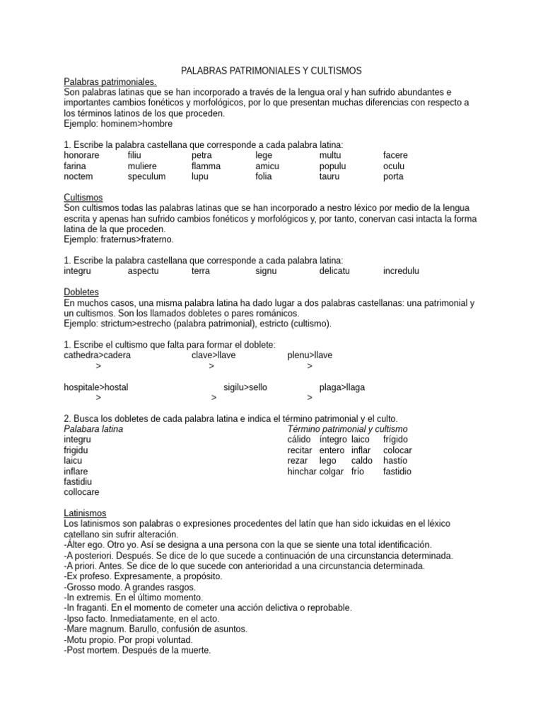 Palabras Patrimoniales y Cultismos | PDF