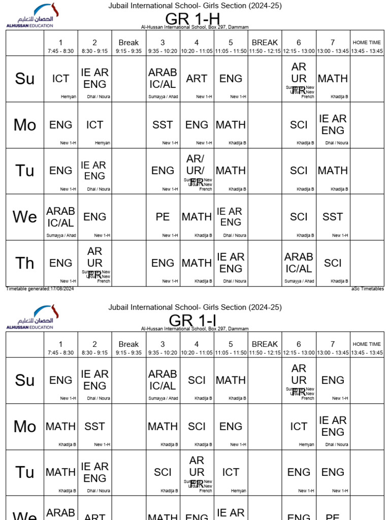 Grade 1-3 Girls Timetable | PDF