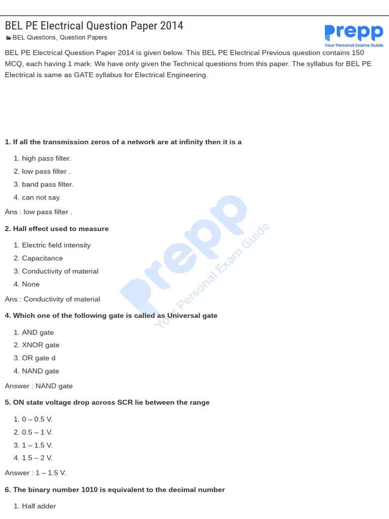 Bel Pe Electrical Question Paper 2014 Question Dekho ...