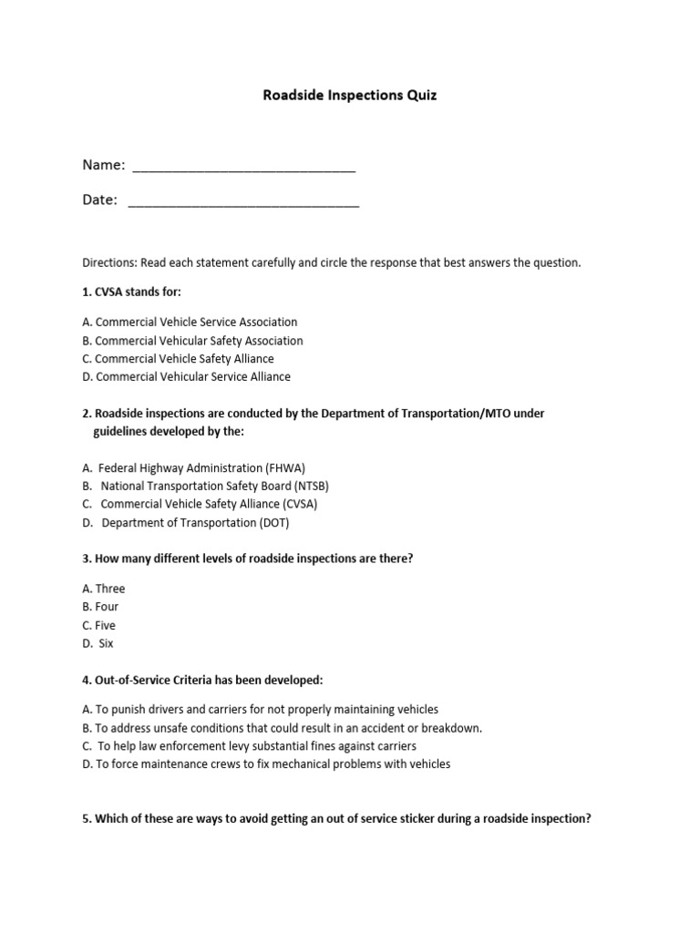 Roadside Inspections Quiz Guide | PDF | Truck | Transport