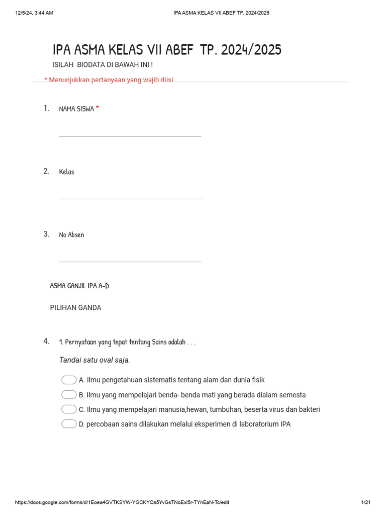 IPA ASMA REMEDIAL KELAS VII ABEF ASMA TP. 2024 - 2025 - Google Formulir | PDF