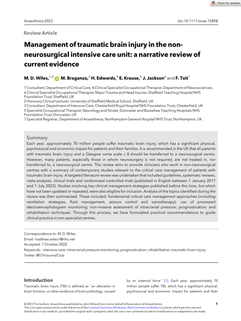 Management of TBI in Non‐Neuro SICU a Narrative 11 | PDF | Traumatic ...