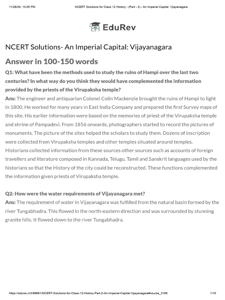 NCERT Solutions For Class 12 History - (Part - 2) - An Imperial Capital - Vijayanagara | PDF