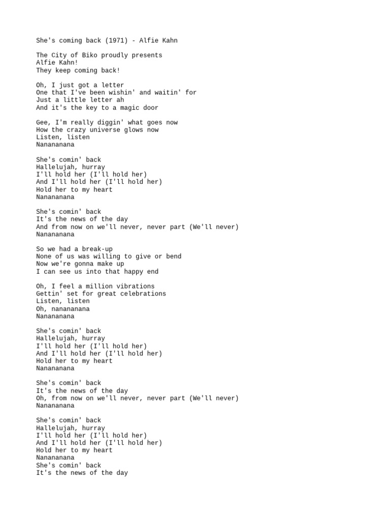 She's Coming Back ('71) - Alfie Kahn | PDF