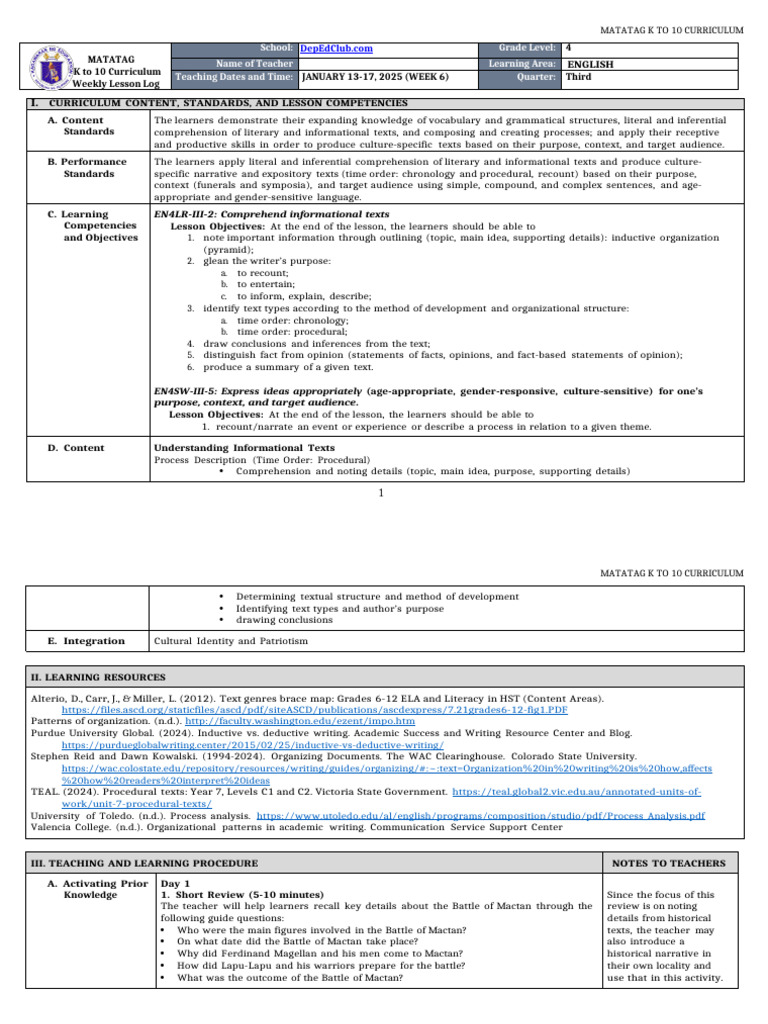 DLL MATATAG _ENGLISH 4 Q3 W6 | PDF | Reading Comprehension | Curriculum