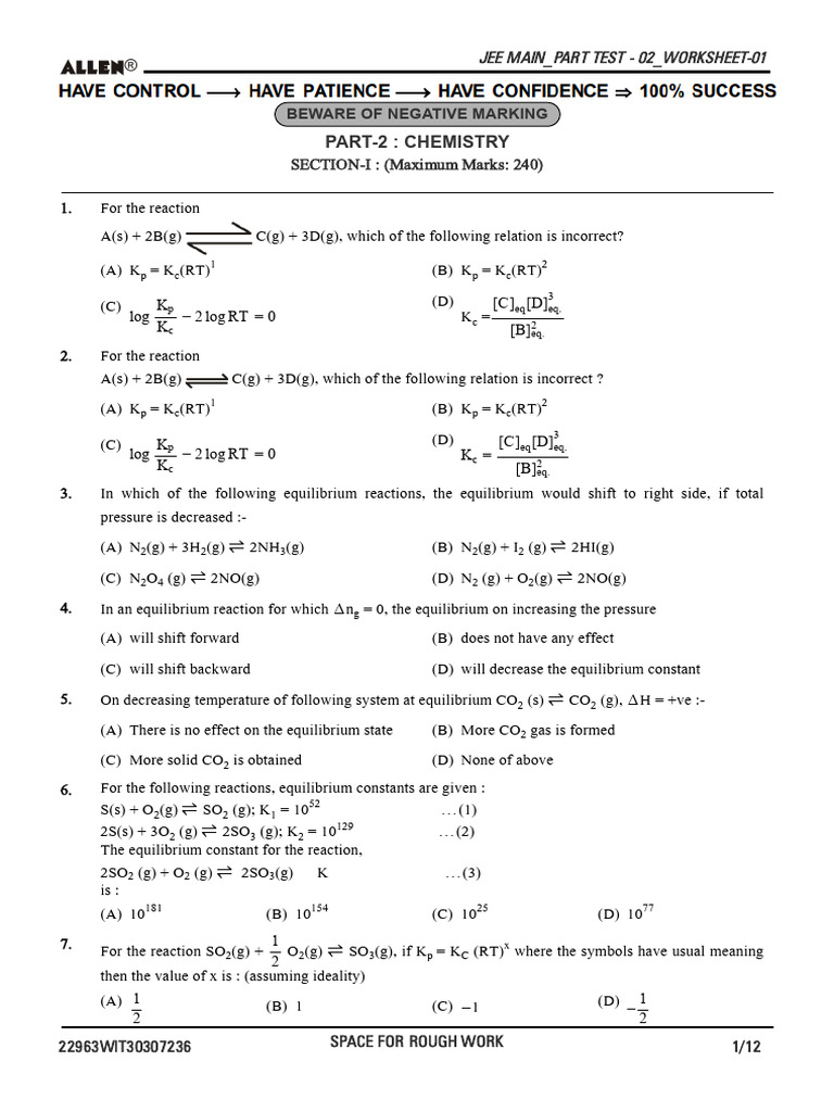 JM - PART TEST-2 Worksheet - 01 | PDF | Chemical Equilibrium | Chemical ...