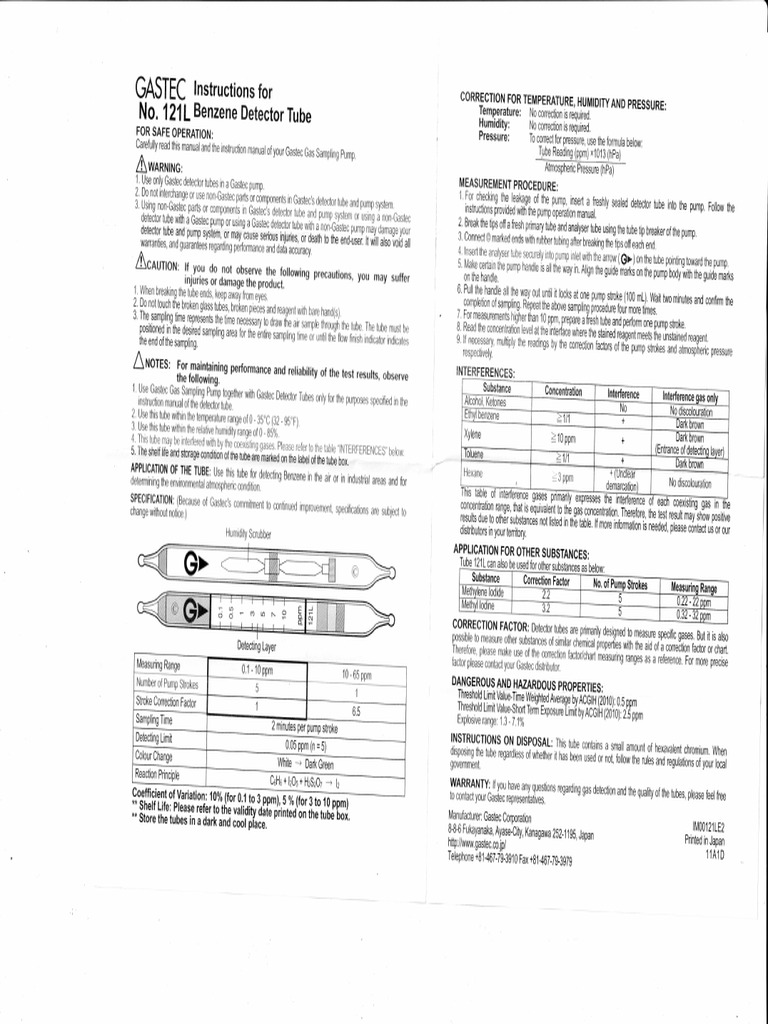 Gastec Benzene Detector Tube Guide | PDF | Applied And ...