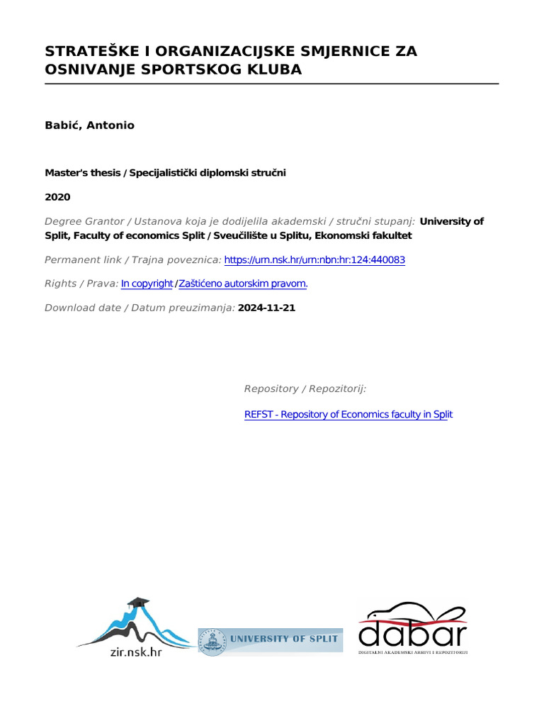 Strateške i Organizacijske Smjernice Za Osnivanje Sportskog Kluba - Babić | PDF