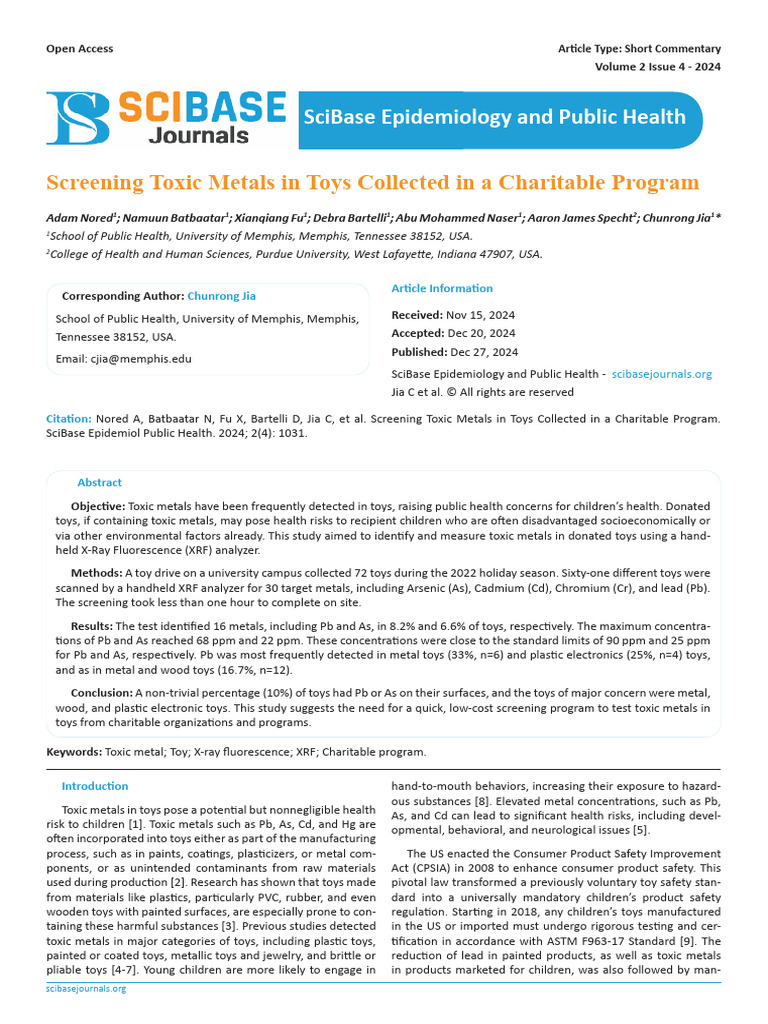 Nored 2024. Screening Toxic Metals in Toys Collected in A Charitable Program | PDF | Lead | Toxicity