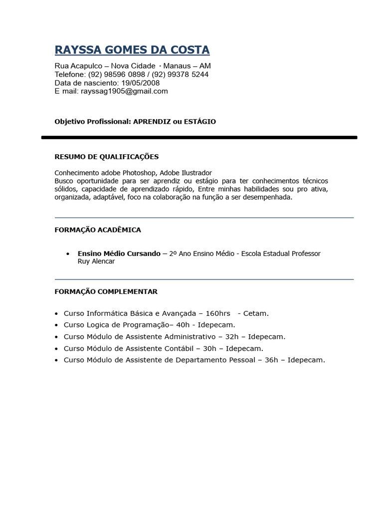 Curriculum Rayssa Gomes Da Costa | PDF