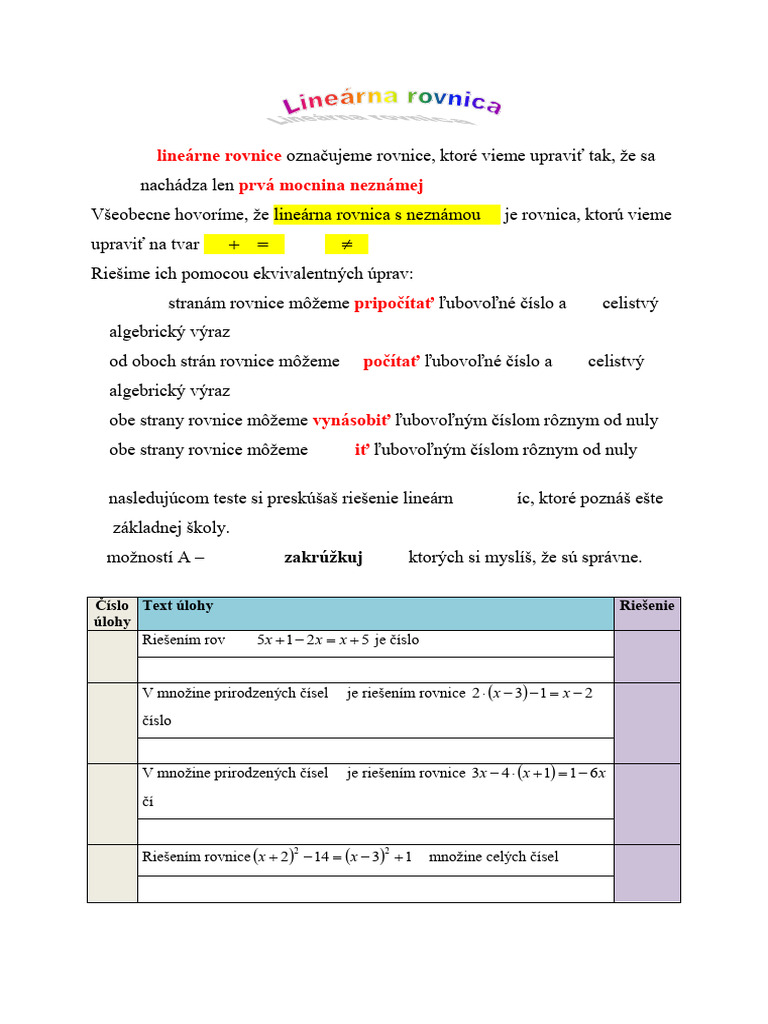 PL Linearne Rovnice | PDF