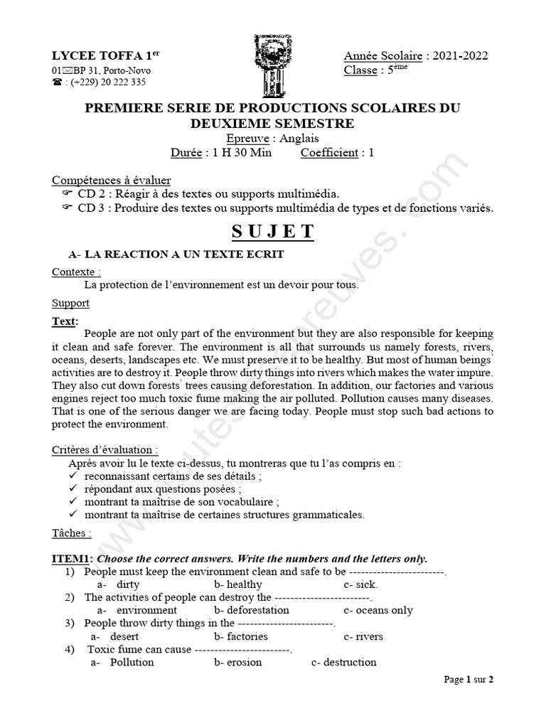 1er Devoir Du 2ème Semestre Anglais 5ème 2021-2022 Lycee Toffa 1er | PDF | Natural Environment ...