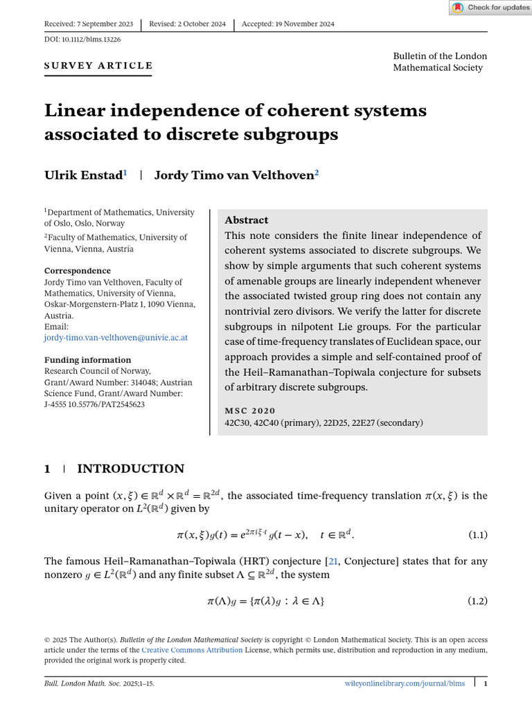 Bulletin of London Math Soc - 2025 - Enstad - Linear Independence of Coherent Systems Associated ...