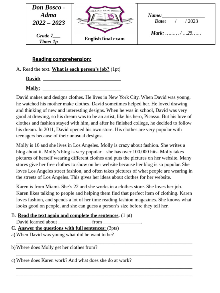 Grade 7 final exam 2023 | PDF | Grammar | Linguistics