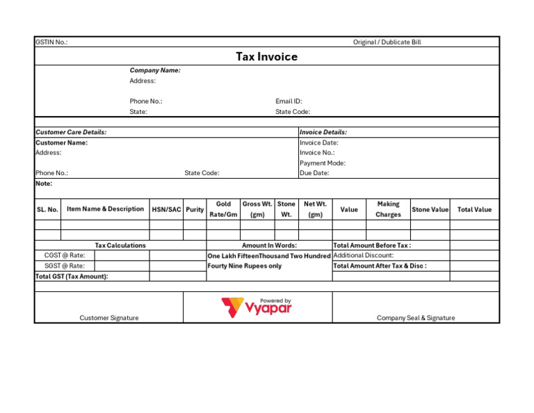 Jewellery Bill Book Format 4 | PDF