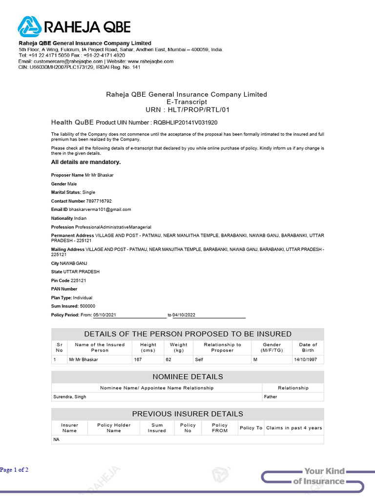 Raheja Qbe General Insurance Company Limited E-Transcript Urn: Hlt/Prop ...