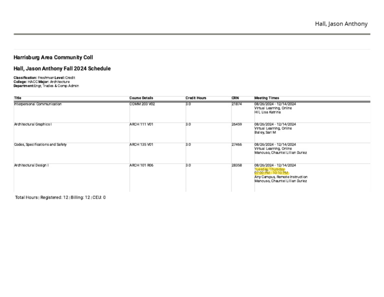 Fall 2024 Architecture Course Schedule | PDF