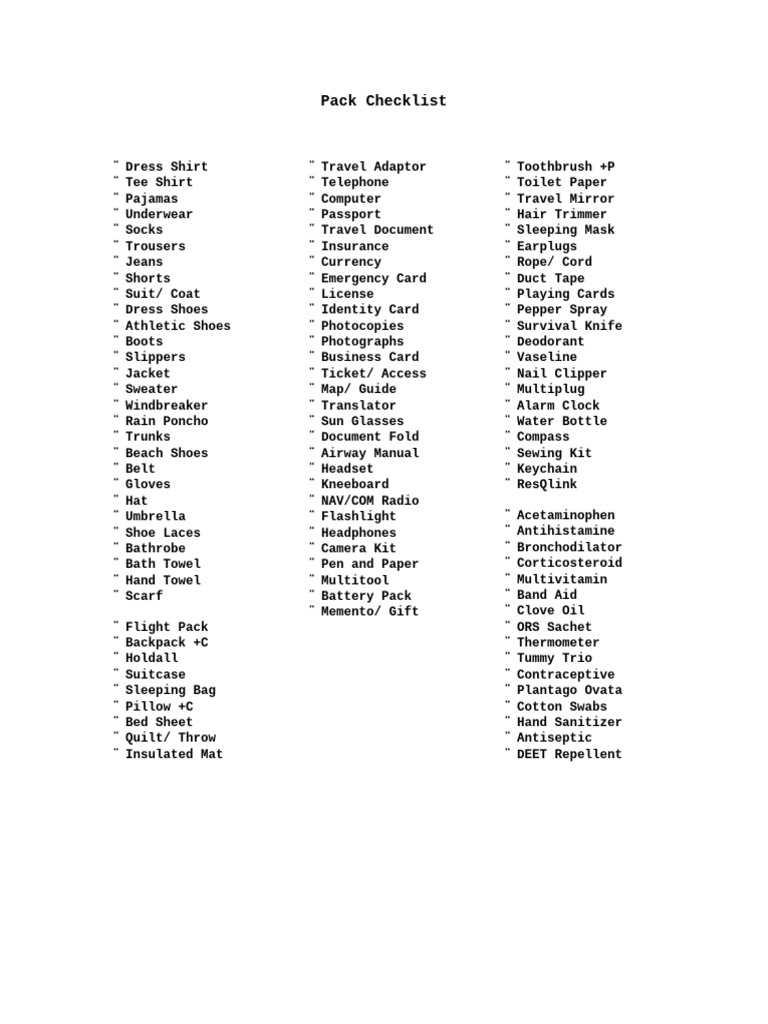 Pack Checklist | PDF