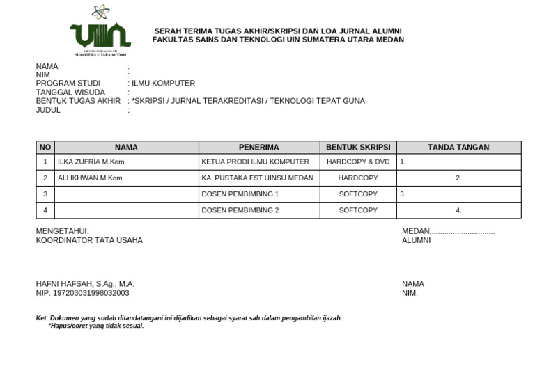 Format Lembar Serah Terima Skripsi Tugas Akhir Alumni | PDF