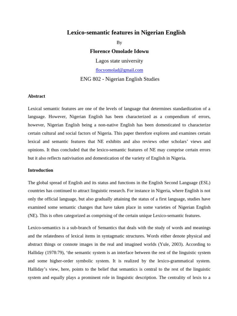 Lexico Semantic Features in Nigerian Eng | PDF | English Language | Lexicon