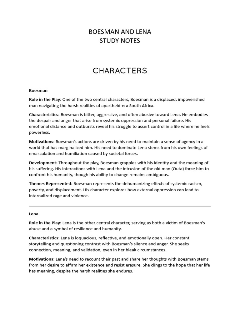 Boesman and Lena: Character Study Guide | PDF | Apartheid | Social ...