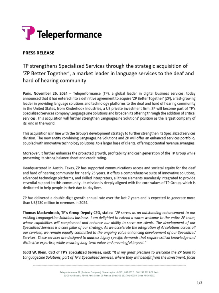 Teleperformance Acquires ZP | PDF | Mergers And Acquisitions | Business