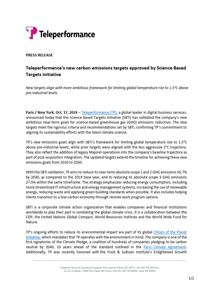 Teleperformance Press Release New Carbon Reduction Targets Ev Def | PDF | Environmental Impact ...