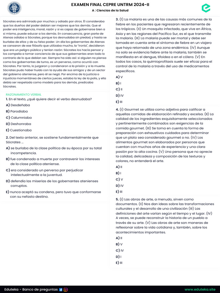 Examen Final Cepre Untrm 2024-II-A Eduteka 1725055193710 | PDF | Malaria | Reacciones químicas