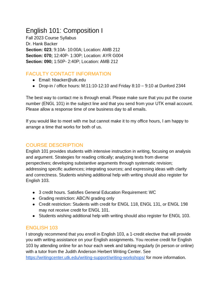 English 101 Syllabus - Fall 2023 | PDF | Plagiarism | Academic Dishonesty