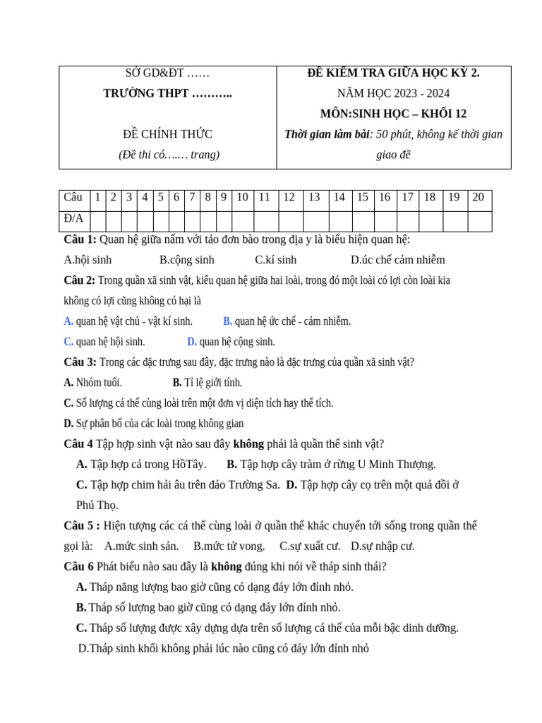 De Thi GK 2 Sinh Hoc 12 de 4 | PDF