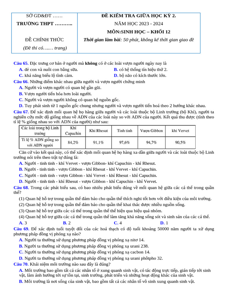 De Thi GK 2 Sinh Hoc 12 de 5 | PDF