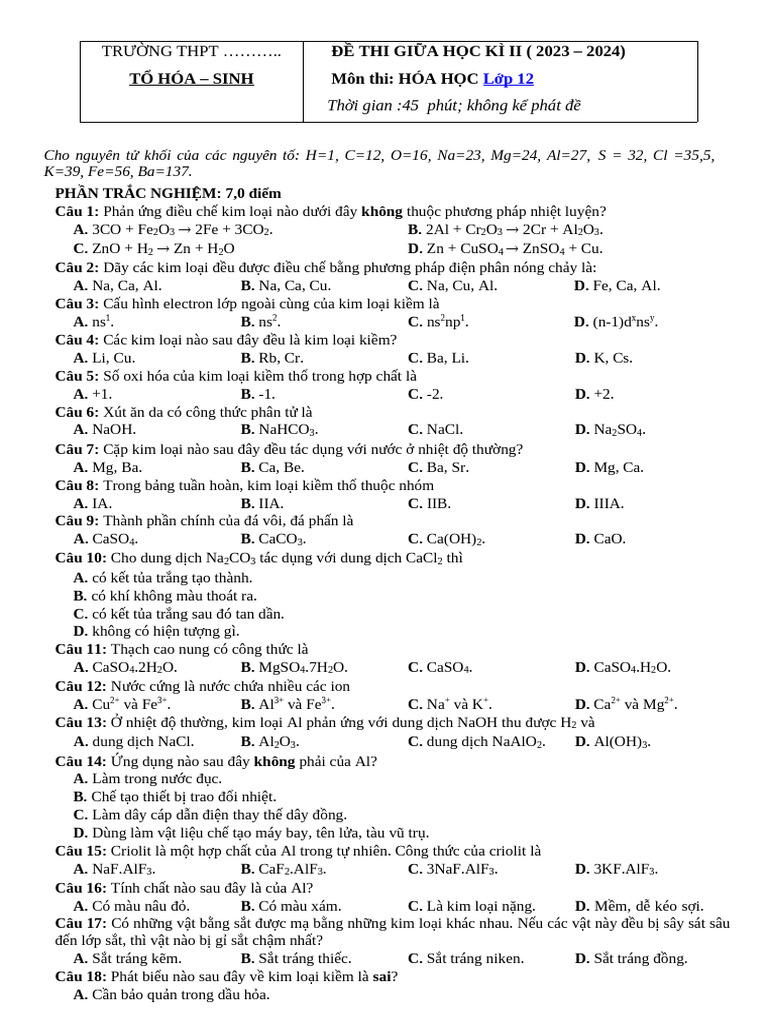 De Thi ghk2 Hoa 12 de 1 | PDF