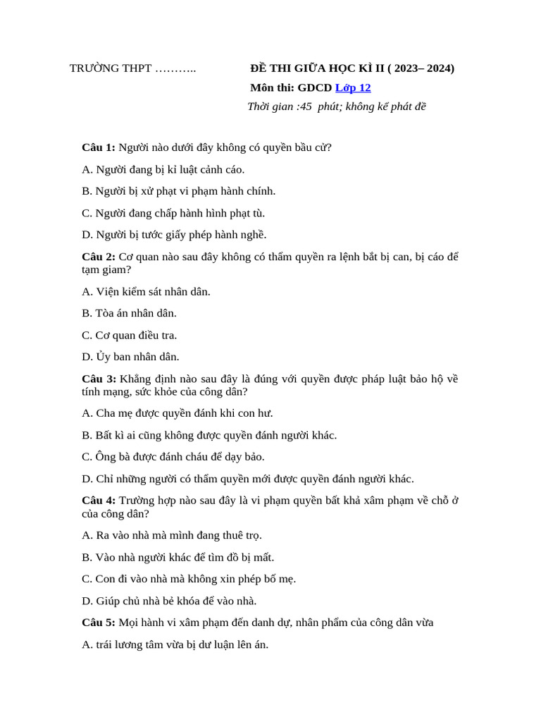 De Thi ghk2 GDCD 12 de 4 | PDF