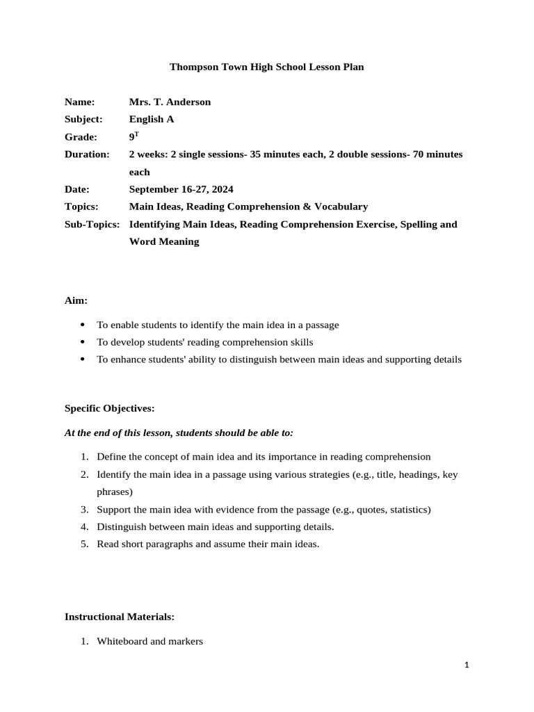 Grade 9T Lesson Plan On Main Ideas Dated September 16-27, 2024 | PDF ...