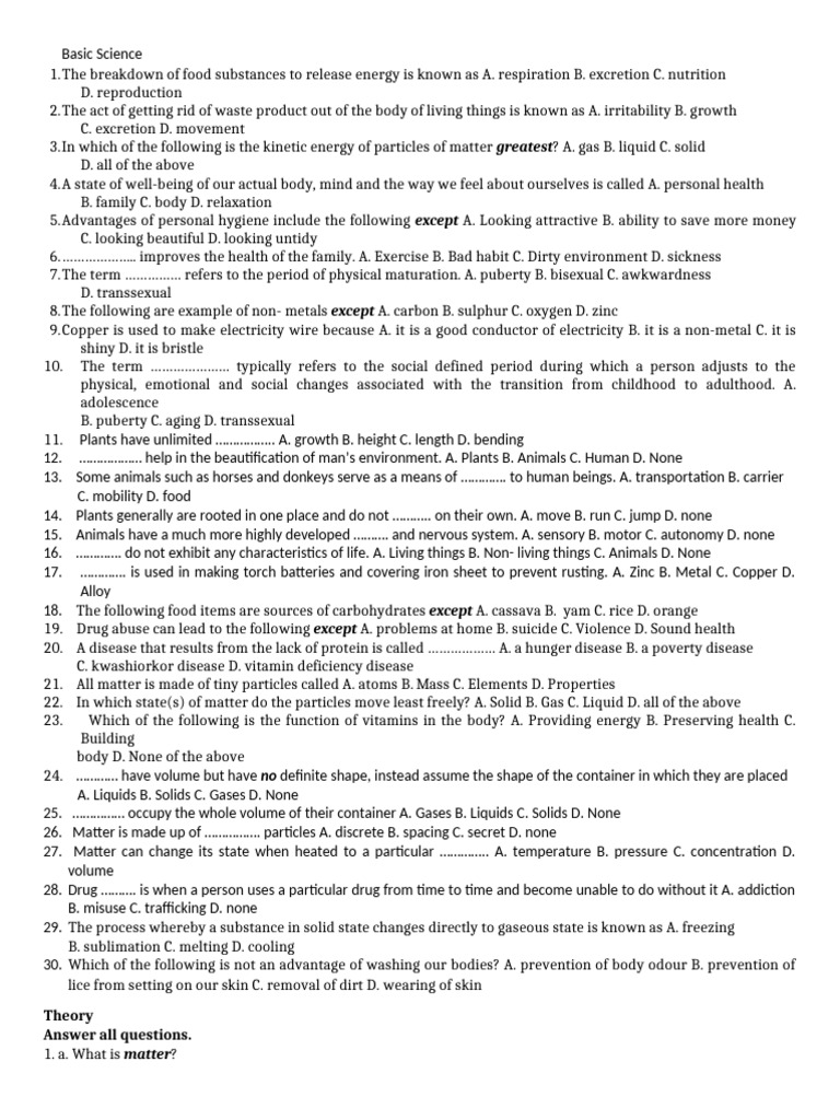 JS 1 Basic Science First Term Exam | PDF | Gases | Matter