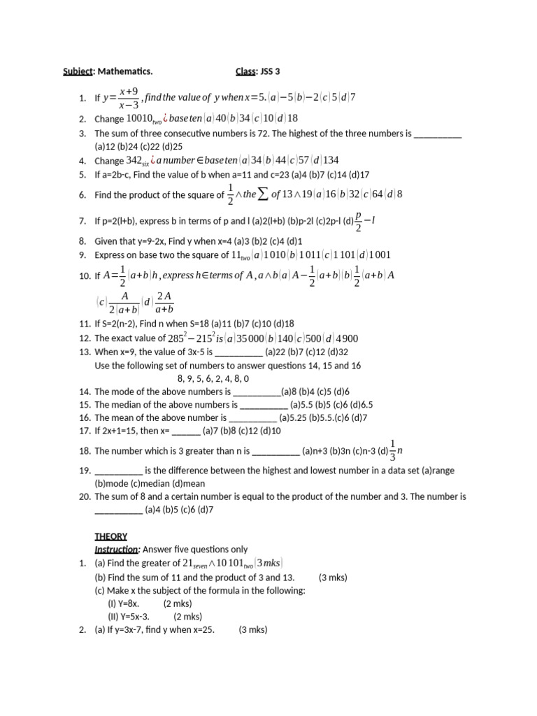 Mathematics Jss3 First Term | PDF | Mean | Arithmetic Mean