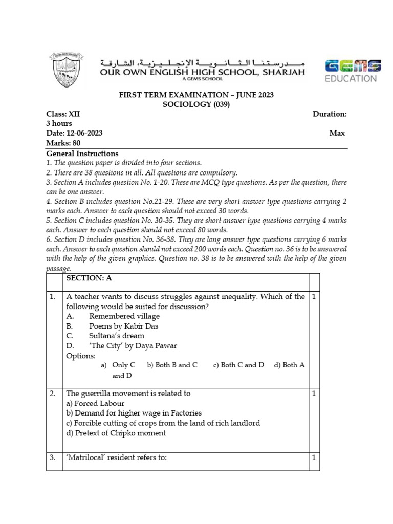 First Term Examination QP - 2023-2024 | PDF | Dalit | Caste