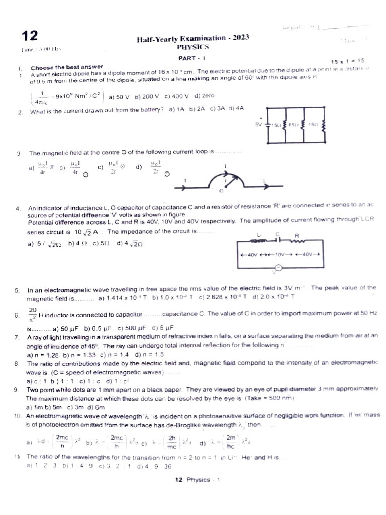 12th Physics EM Half Yearly Exam 2023 Question Paper Covai District English Medium PDF Download ...