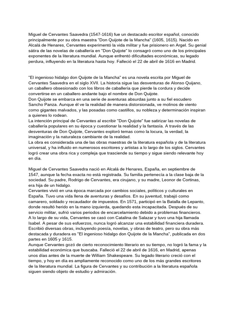 Cervantes y El Quijote | PDF | Don Quijote | Miguel De Cervantes