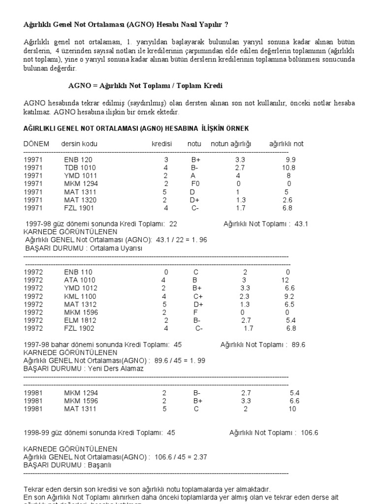 Ağırlıklı Genel Not Ortalaması (AGNO) Hesabı Ve Bir Örnek | PDF