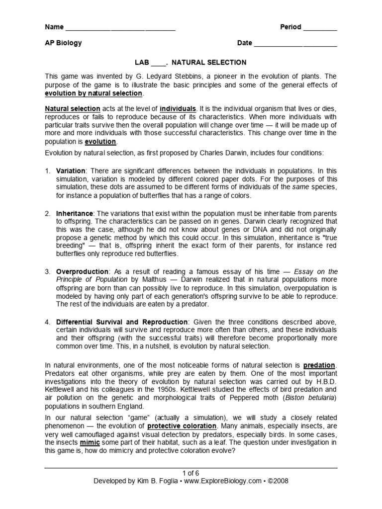 Natural_Selection_Activity_Lab | PDF | Natural Selection | Evolution