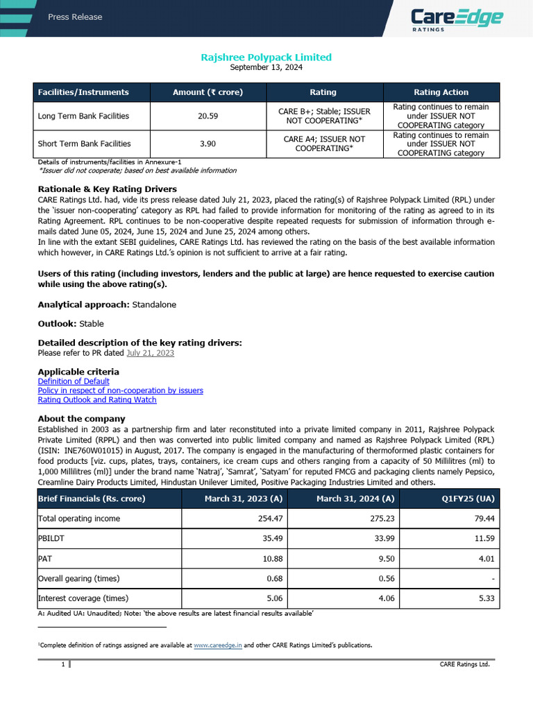 202409130953_Rajshree_Polypack_Limited | PDF | Banks | Credit
