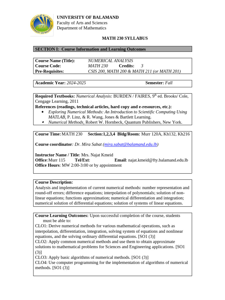 Syllabus MATH 230 Fall 2024 | PDF | Numerical Analysis | Interpolation