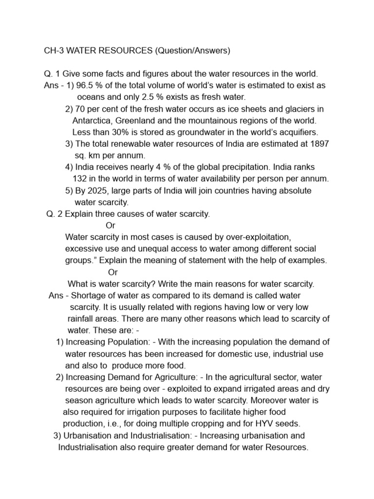 CH-3 WATER RESOURCES (Question - Answers) | PDF | Water Scarcity | Water