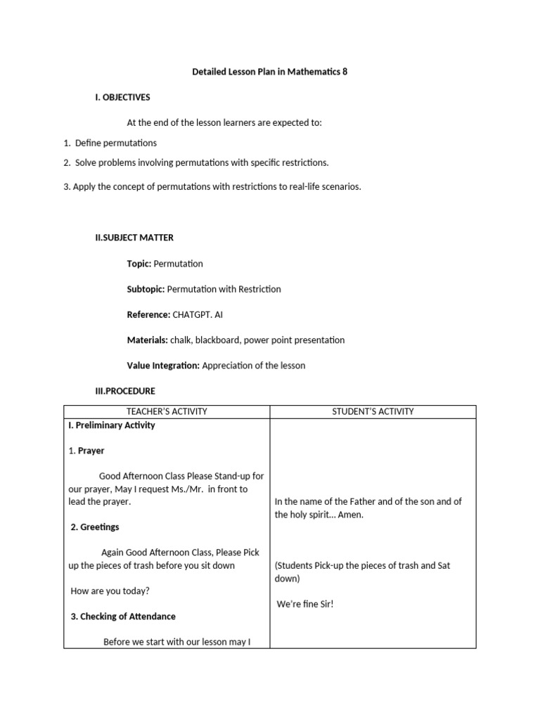 Detailed Lesson Plan in Mathematics 8 For Labhigh | PDF | Permutation ...