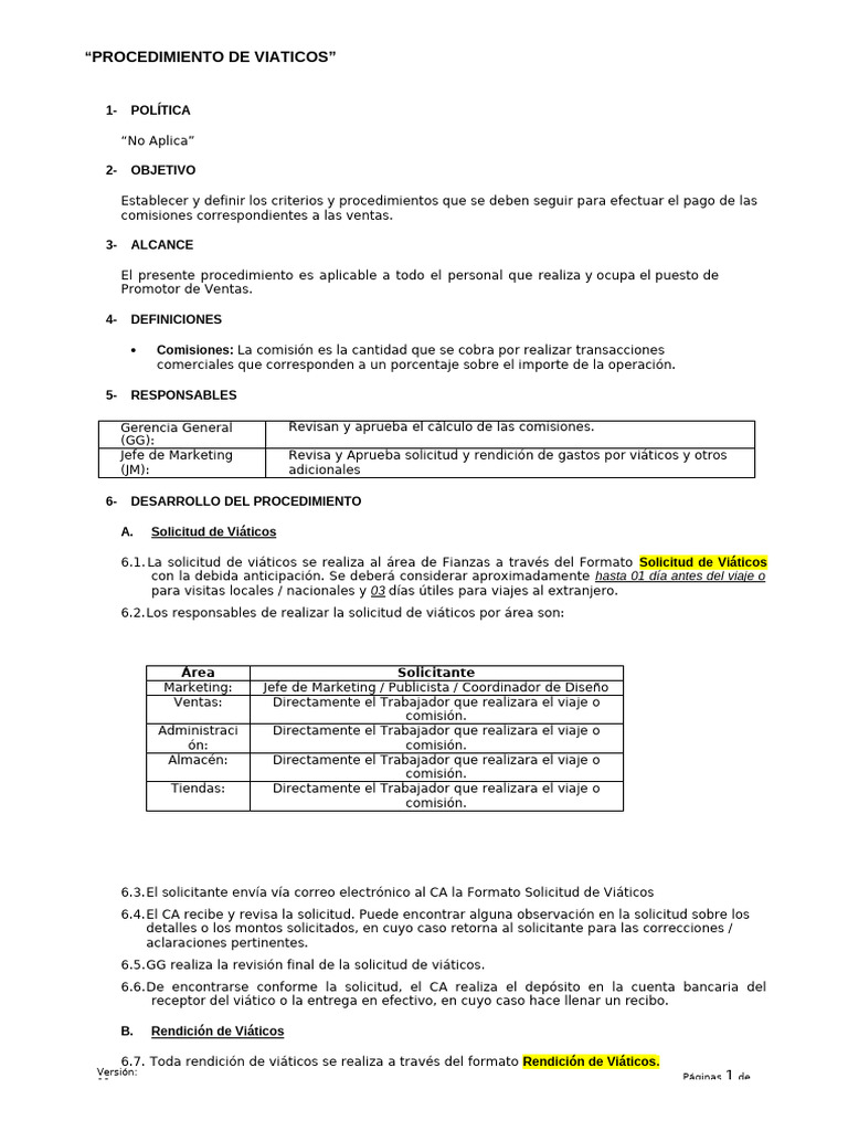 Procedimiento De Viaticos Pdf