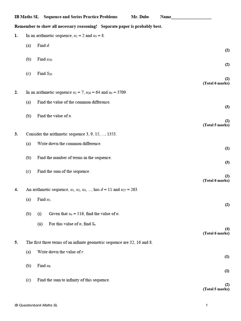 IB Maths SL: Sequences & Series Problems | PDF | Sequence | Elementary ...