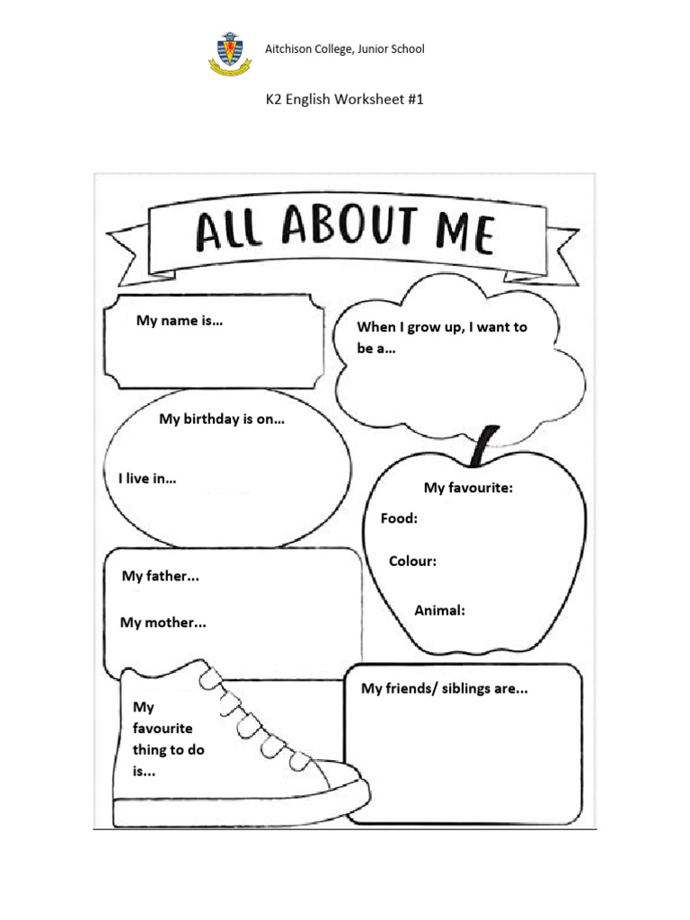 K2 English Worksheet 1 (All About Me) | PDF