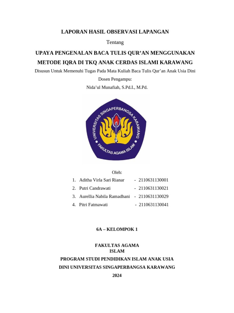 Kelompok 1 Upaya Pengenalan Baca Tulis Qur'an Menggunakan Metode Iqra Di TKQ Anak Cerdas Islami ...
