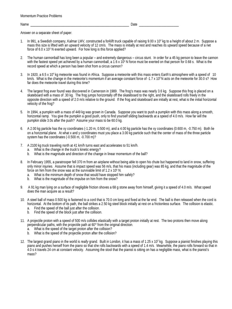 10 Momentum Practice Problems | PDF | Force | Collision